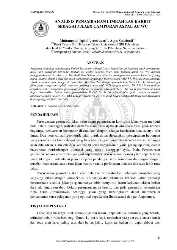 (PDF) Analisis Penambahan Limbah Las Karbit Sebagai Filler Campuran ...