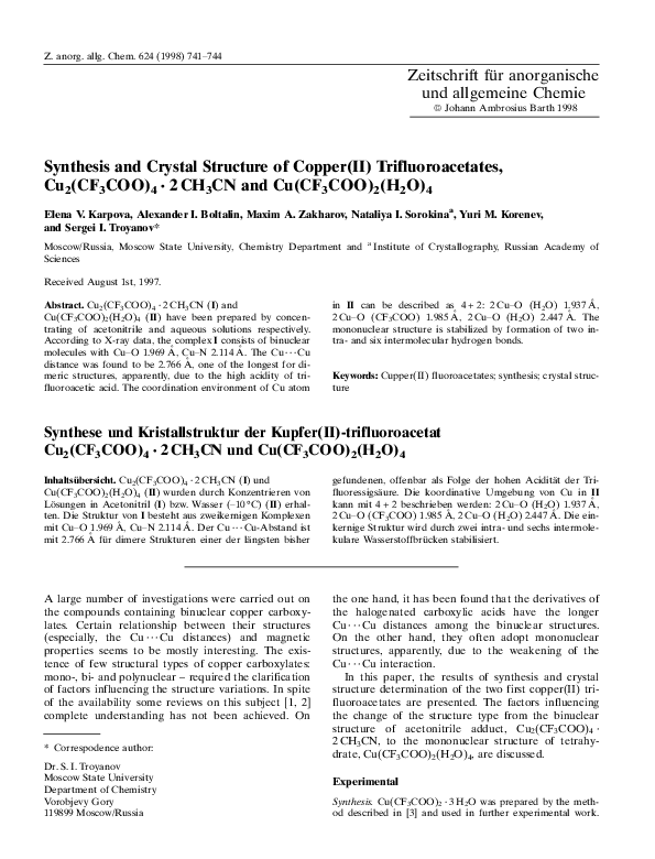 (PDF) Synthesis and Crystal Structure of Copper(II) Trifluoroacetates ...