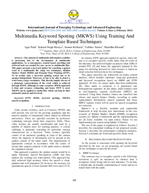 (PDF) Multimedia Keyword Spotting (MKWS) Using Training And Template Based Techniques