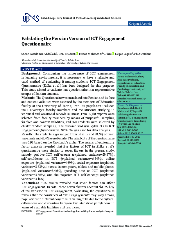 (PDF) Validating the Persian Version of ICT Engagement Questionnaire