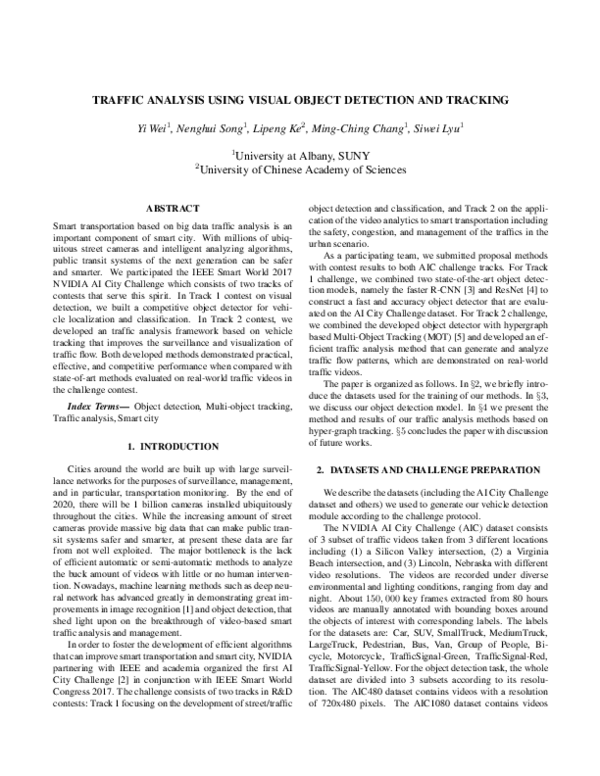 (PDF) Traffic Analysis Using Visual Object Detection and Tracking