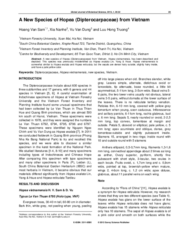 (PDF) A New Species of Hopea (Dipterocarpaceae) from Vietnam