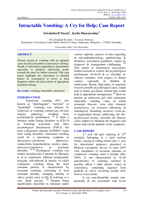 (PDF) Intractable Vomiting: A Cry for Help; Case Report