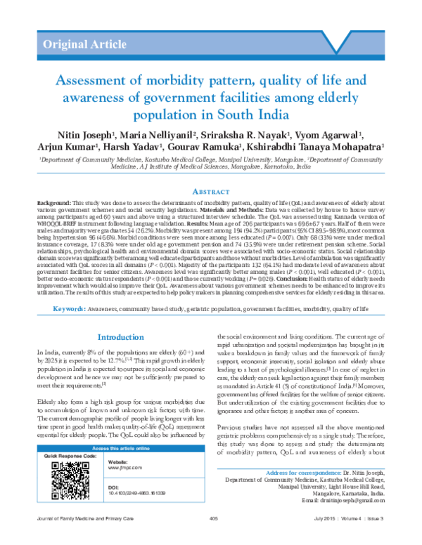 (PDF) Assessment of morbidity pattern, quality of life and awareness of ...