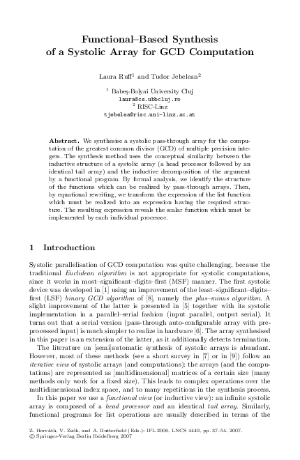 Pdf Functional Based Synthesis Of A Systolic Array For Gcd Computation