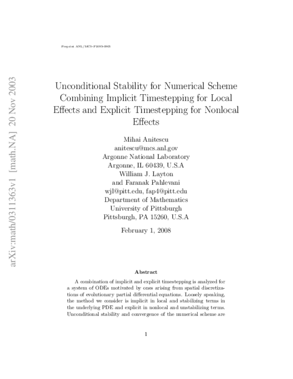 (PDF) Unconditional Stability for Numerical Scheme Combining Implicit Timestepping for Local ...