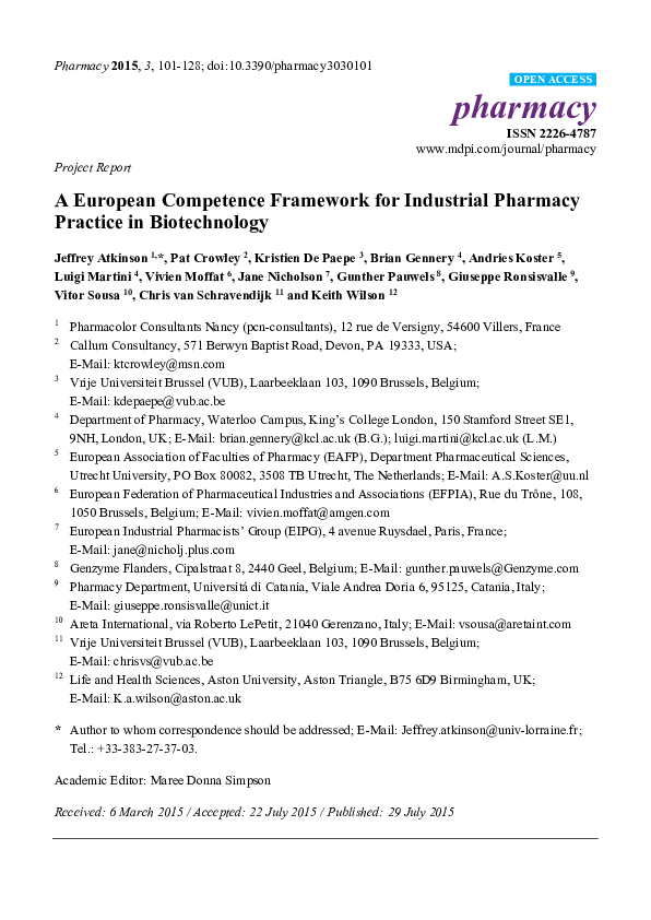 (PDF) A European Competence Framework for Industrial Pharmacy Practice ...