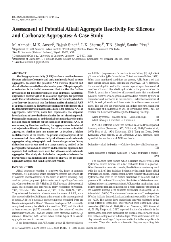 (PDF) Assessment of Potential Alkali Aggregate Reactivity for Siliceous ...