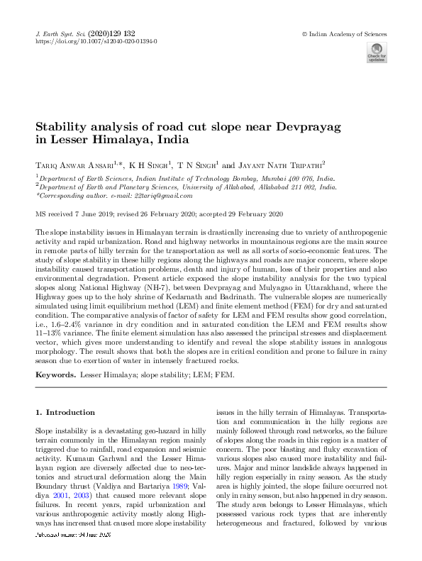 (PDF) Stability analysis of road cut slope near Devprayag in Lesser Himalaya, India | Prof. T N ...