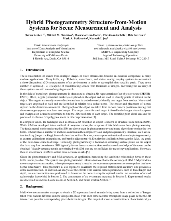 (PDF) Hybrid Photogrammetry Structure-from-Motion Systems for Scene Measurement and Analysis