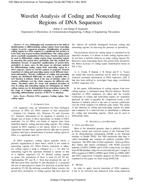 Pdf Wavelet Analysis Of Coding And Noncoding Regions Of Dna Sequences