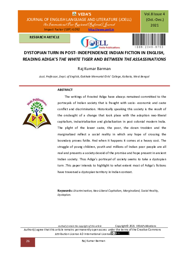 DYSTOPIAN TURN IN POST-INDEPENDENCE INDIAN FICTION IN ENGLISH, READING ...