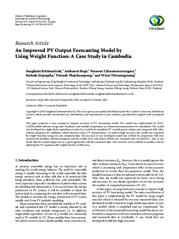 Pdf An Improved Pv Output Forecasting Model By Using Weight Function