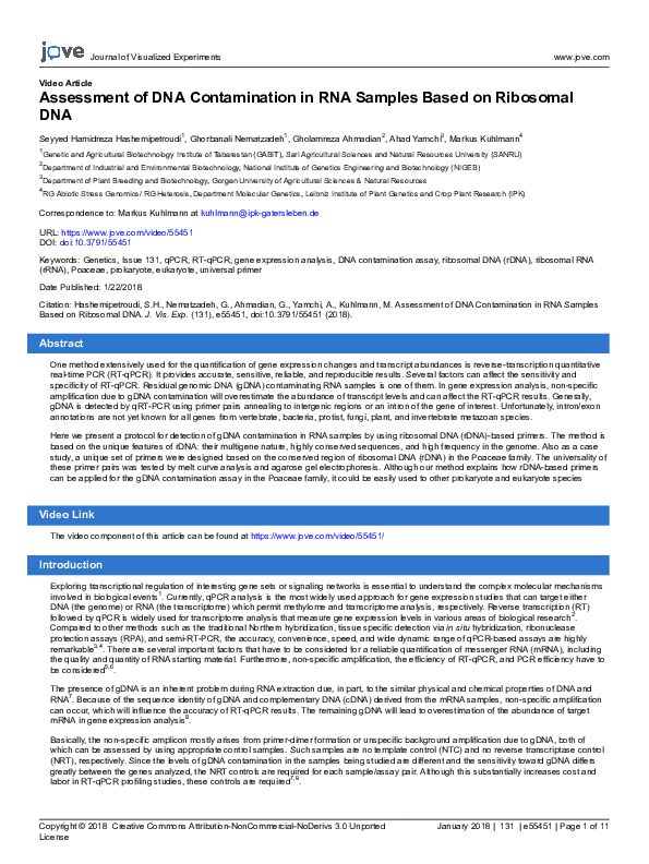 (PDF) Assessment of DNA Contamination in RNA Samples Based on Ribosomal DNA