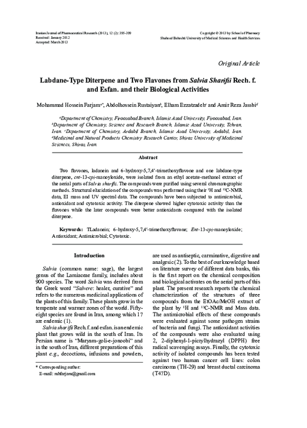 (PDF) Labdane type diterpene and two flavones from Salvia sharifii Rech ...