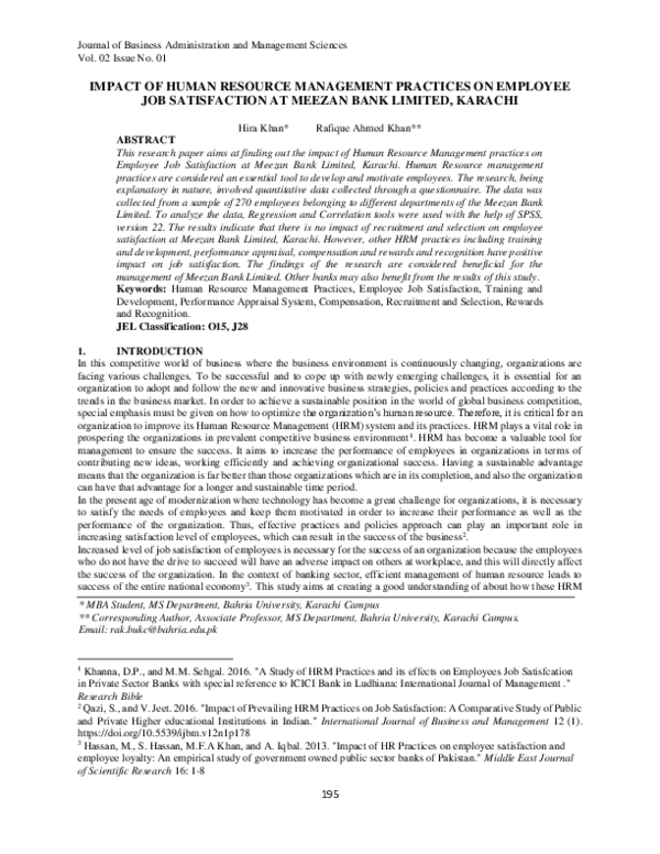 Pdf Impact Of Human Resource Management Practices On Employee Job Satisfaction At Meezan Bank