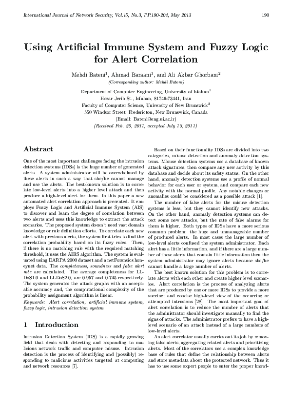 (PDF) Using Artificial Immune System and Fuzzy Logic for Alert Correlation