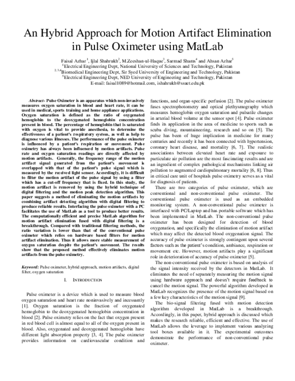 Pdf An Hybrid Approach For Motion Artifact Elimination In Pulse Oximeter Using Matlab