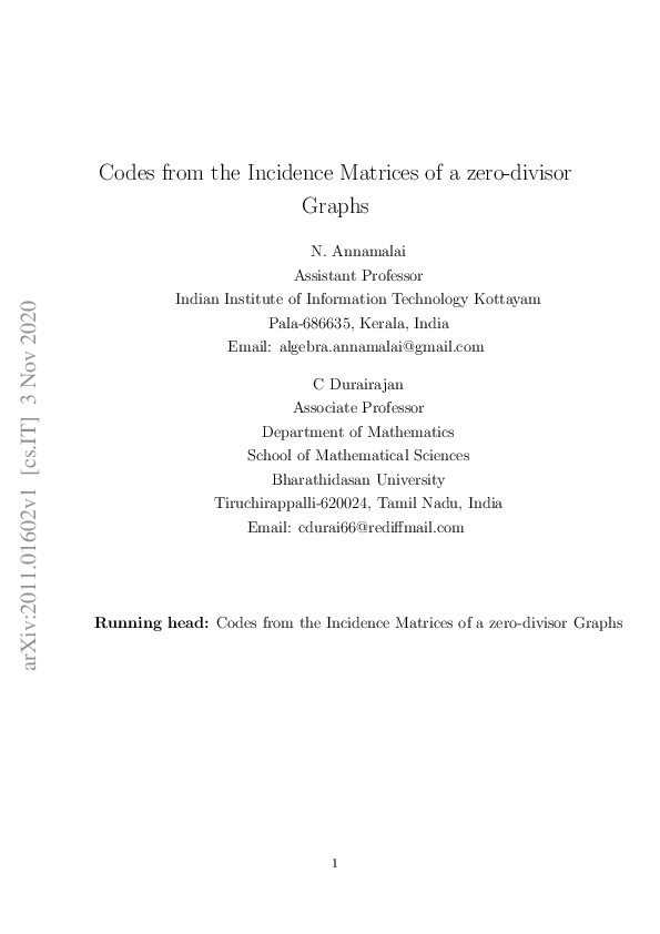 (PDF) Codes from the Incidence Matrices of a zero-divisor Graphs