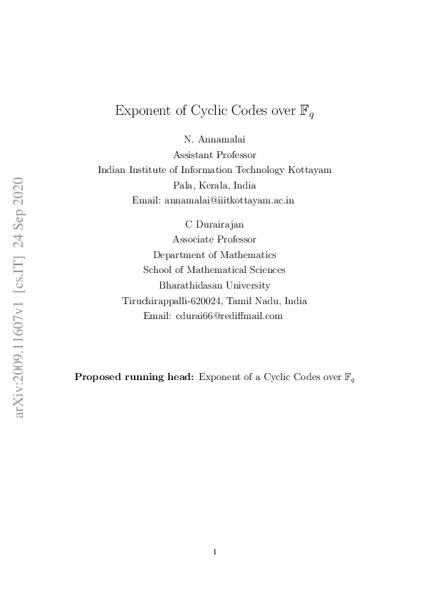(PDF) Exponent of Cyclic Codes over $\mathbb{F}_q$