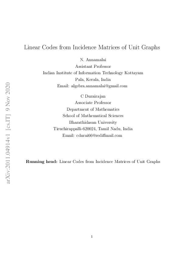 Pdf Linear Codes From Incidence Matrices Of Unit Graphs Dr C