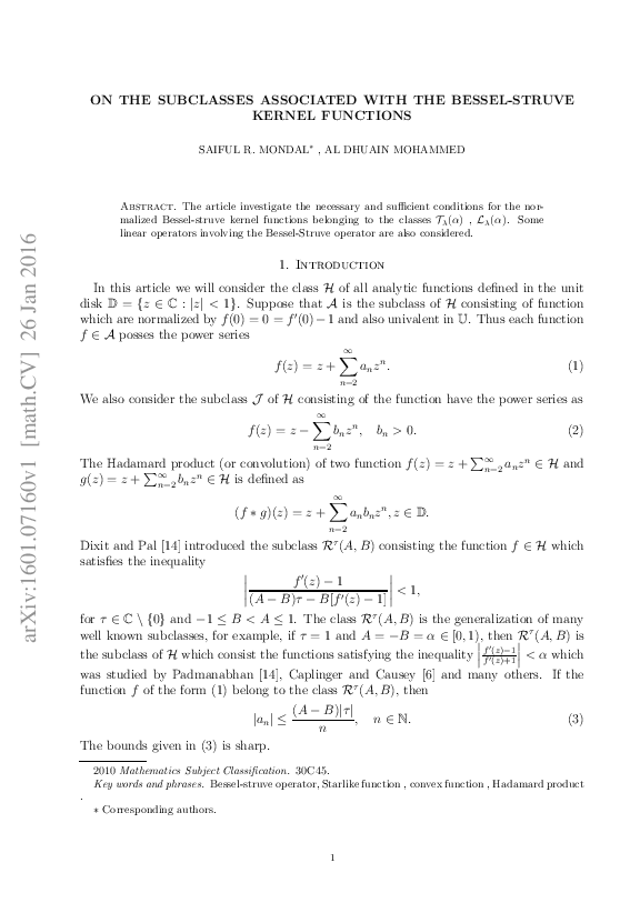 (PDF) On the subclasses associated with the Bessel-Struve kernel functions