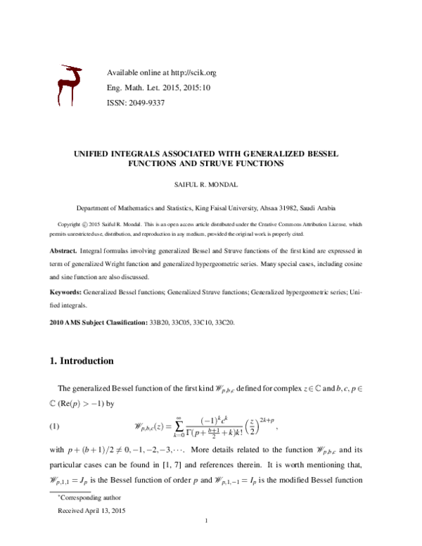 (PDF) Unified integrals associated with generalized Bessel functions ...