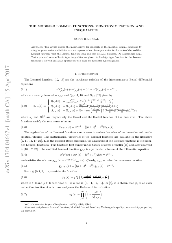 (PDF) The Modified Lommel functions: monotonic pattern and inequalities