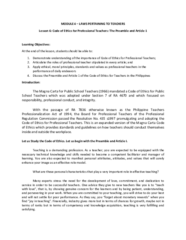 (PDF) MODULE 4 -LAWS PERTAINING TO TEACHERS Lesson 6: Code of Ethics for Professional Teachers ...