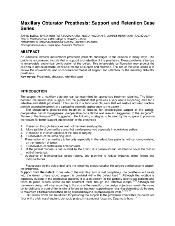 (PDF) Maxillary Obturator Prosthesis : Support and Retention Case Series