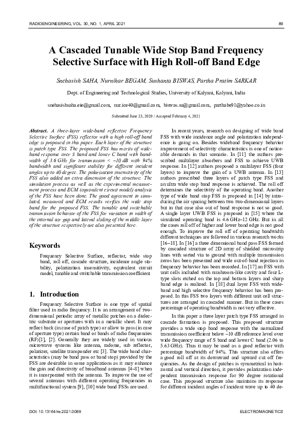 Pdf A Cascaded Tunable Wide Stop Band Frequency Selective Surface With High Roll Off Band Edge