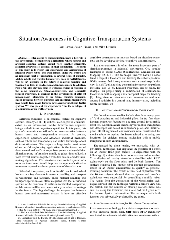 (PDF) Situation Awareness in Cognitive Transportation Systems