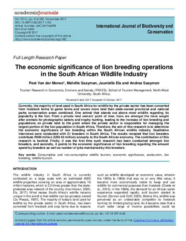 (PDF) The economic significance of lion breeding operations in the ...