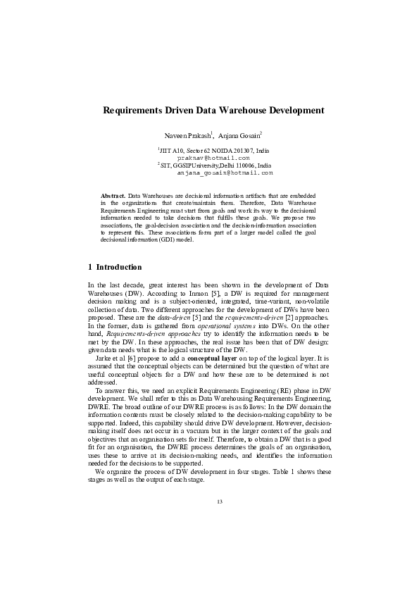 (PDF) Requirements Driven Data Warehouse Development