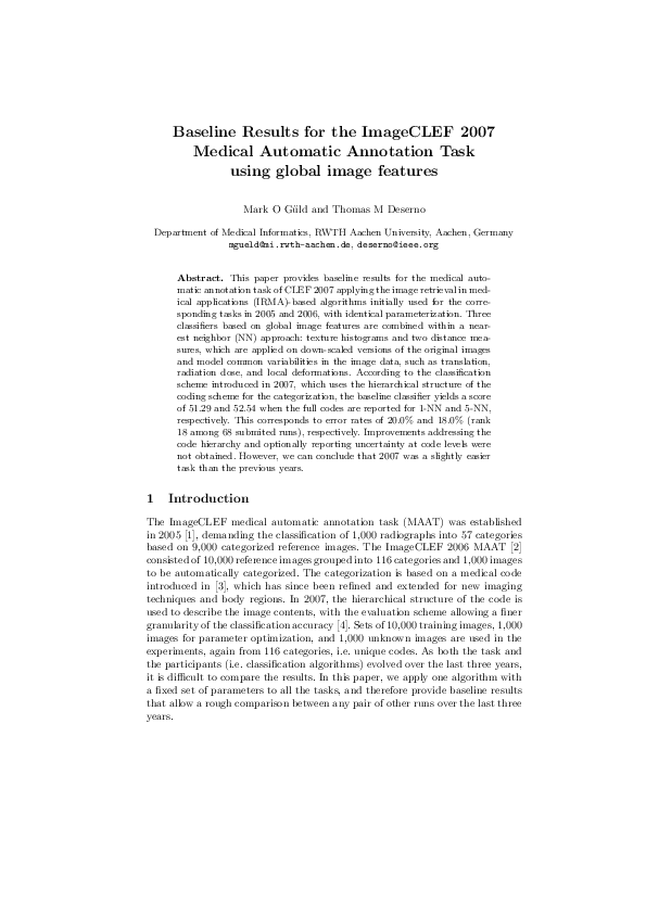 (PDF) Baseline Results for the ImageCLEF 2007 Medical Automatic Annotation Task Using Global ...