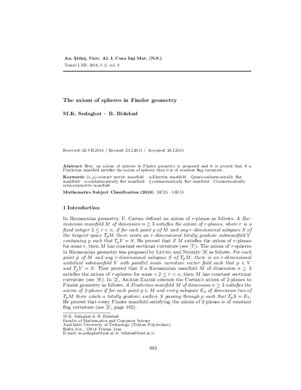 (PDF) The Axiom of Spheres in Finsler Geometry | B Bidabad - Academia.edu