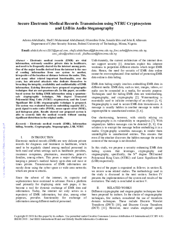 (PDF) Secure Electronic Medical Records Transmission using NTRU Cryptosystem and LSB in Audio ...