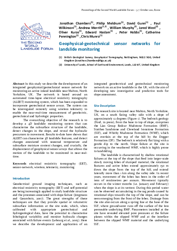 (PDF) Geophysical-Geotechnical Sensor Networks for Landslide Monitoring