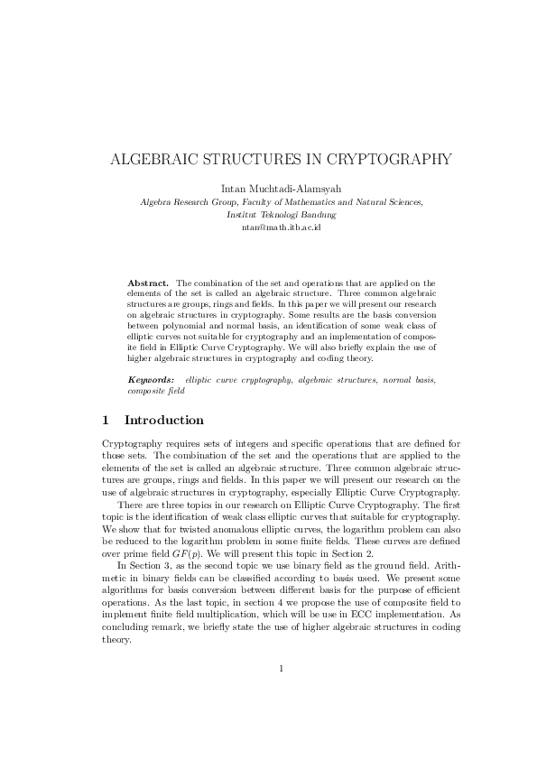 (PDF) Algebraic Structures in Cryptography