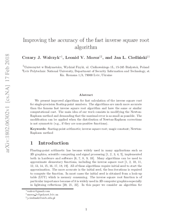 (PDF) Improving the accuracy of the fast inverse square root algorithm