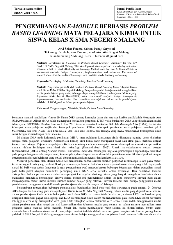(PDF) Pengembangan E-Module Berbasis Problem Based Learning Mata Pelajaran Kimia Untuk Siswa ...