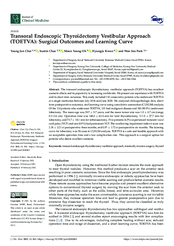 (PDF) Transoral Endoscopic Thyroidectomy Vestibular Approach (TOETVA): Surgical Outcomes and ...