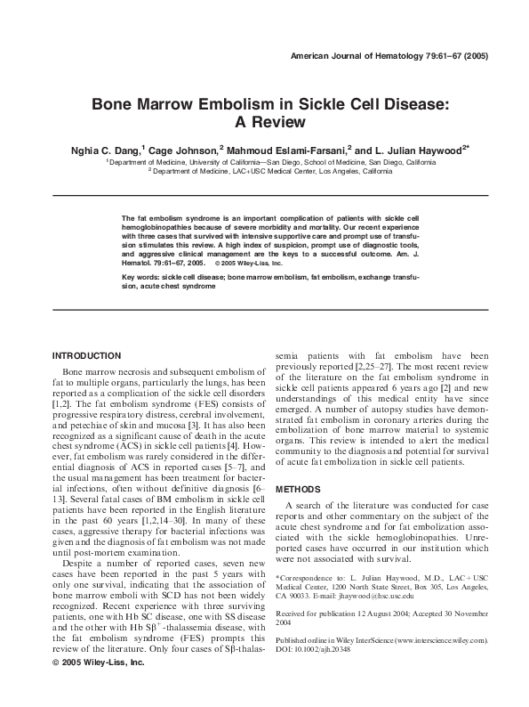 (PDF) Bone marrow embolism in sickle cell disease: a review
