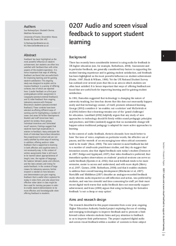 (PDF) Audio and screen visual feedback to support student learning