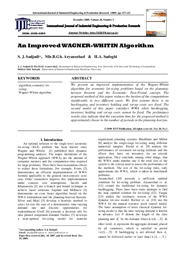 Pdf An Improved Wagner Whitin Algorithm
