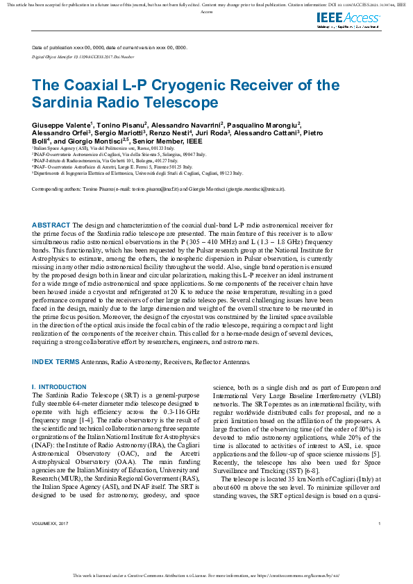 (PDF) The Coaxial L-P Cryogenic Receiver of the Sardinia Radio Telescope