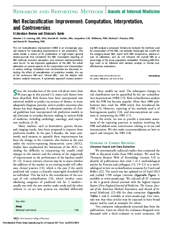 (PDF) Net Reclassification Improvement: Computation, Interpretation ...