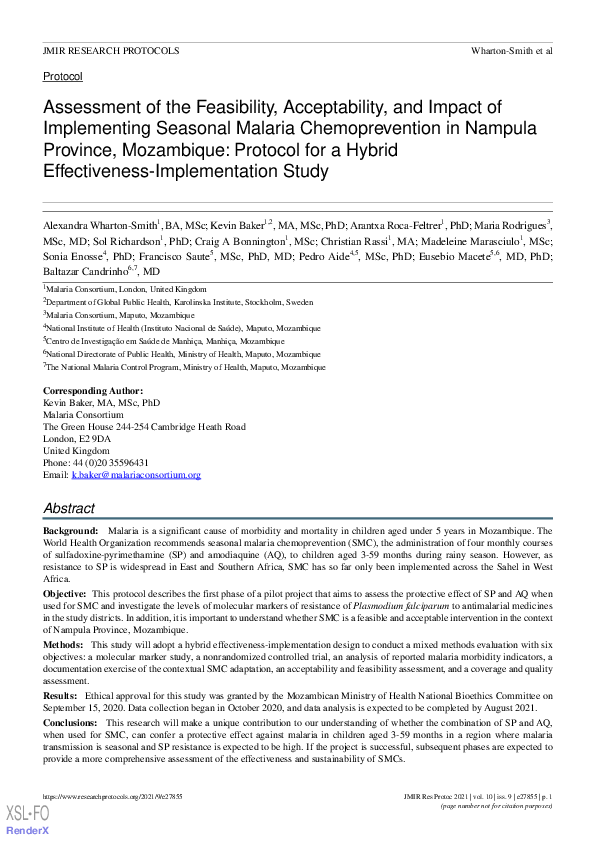 (PDF) Assessment of the Feasibility, Acceptability, and Impact of Implementing Seasonal Malaria ...