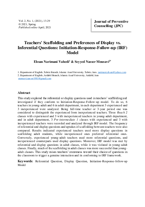 (PDF) Teachers' Scaffolding and Preferences of Display vs. Inferential ...