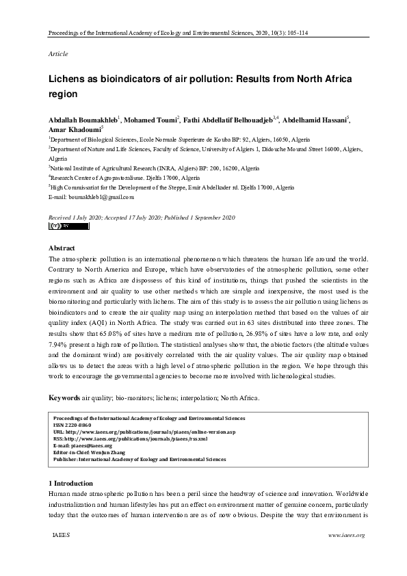 (PDF) Lichens as bioindicators of air pollution: Results from North ...